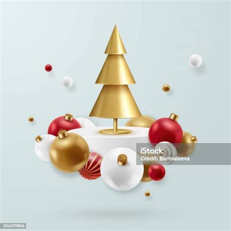 황금 크리스마스 트리와 비행 연단에 컬러 볼추상 배경 새해 콘 모양의 나무 최소한의 디자인 크리스마스 카드 포스터 또는 금지 크리스마스에 대한 스톡 벡터 아트 및 기타