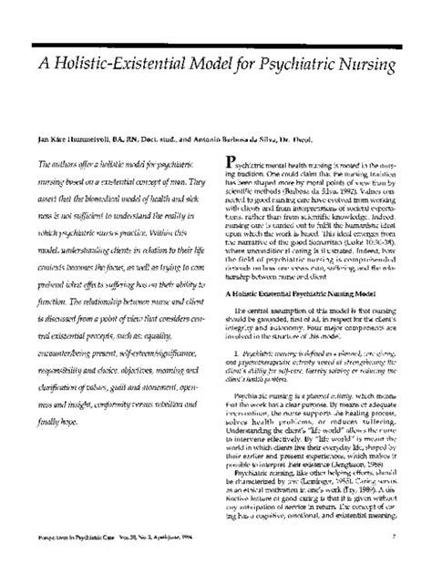 Pdf A Holistic Existential Model For Psychiatric Nursing