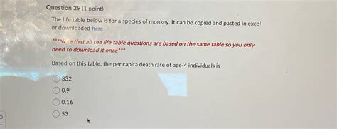 Solved Question 29 1 Point The Life Table Below Is For A Species Of