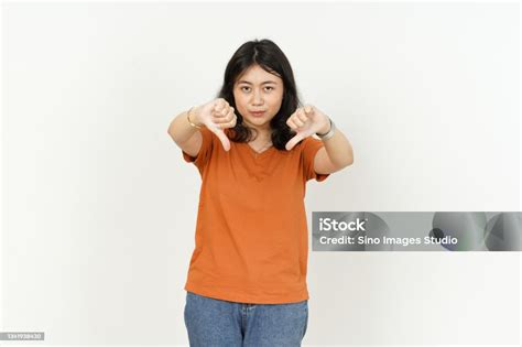 Beautiful Asian Woman Wearing Orange Tshirt Isolated On White