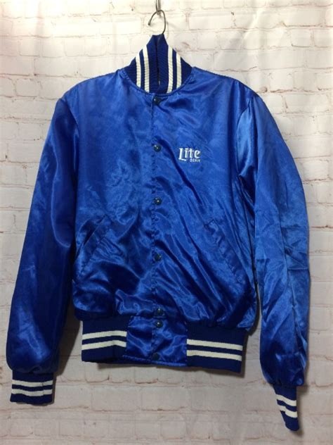 Miller Lite Beer Embroidered Logo Satin Baseball Jacket W Striped Trim Boardwalk Vintage