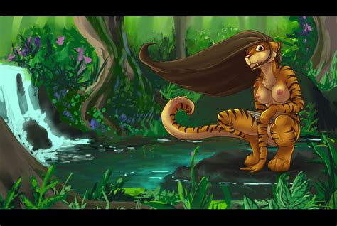 Rule 34 Anthro Breasts Cinnamonhunter Crouching Fangs Feline Female Fur Furry Hair Jungle