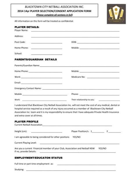 2014 14yr Rep Player Applic Form Blacktown City Netball