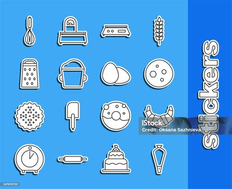 케이크 크로와상 초콜릿 쿠키 비스킷 전자 저울 베이커리 그릇 반죽 강판 주방 거품기 및 닭고기 달걀 아이콘을 장식하기위한 세트