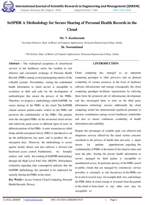Pdf Sesphr A Methodology For Secure Sharing Of Personal Health Records In The Cloud