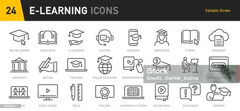 Elearning 웹 아이콘이 선 스타일로 설정되어 있습니다 전자 책 비디오 자습서 멘토 원격 학습 비디오 및 오디오 과정 컬렉션 벡터 일러스트 레이 션 건강 진단에 대한