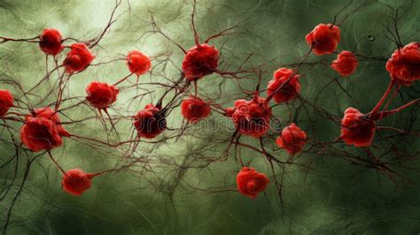Red Cancer Cells Network Interconnected In Green Background Stock Illustration Illustration Of