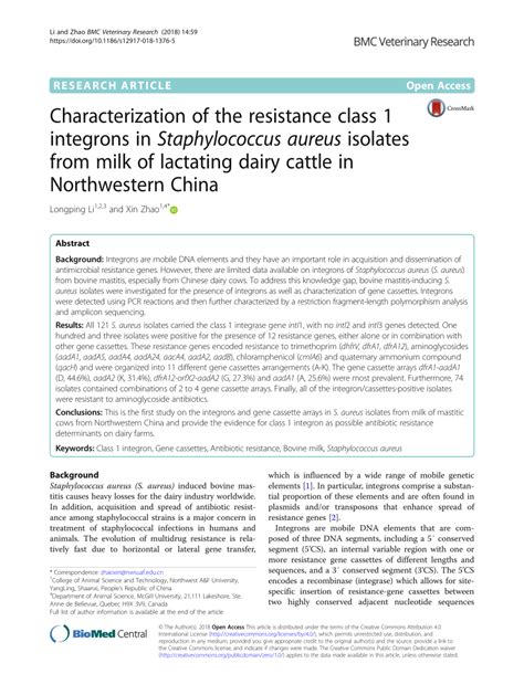 Pdf Characterization Of The Resistance Class 1 Integrons In Staphylococcus Aureus Isolates