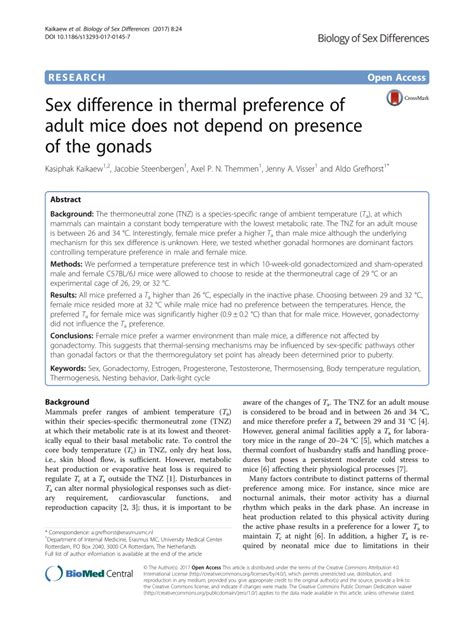 Pdf Sex Difference In Thermal Preference Of Adult Mice Does Not Depend On Presence Of The Gonads