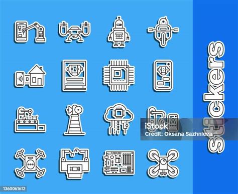 액션 카메라 봇 로봇 사용자 매뉴얼 스마트 홈 산업용 기계 로봇 팔 손 및 프로세서 마이크로 회로 Cpu 아이콘으로 비행 라인 무인 항공기설정 벡터 Cpu에 대한 스톡 벡터