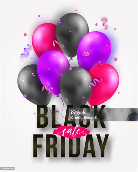 검은 금요일 판매 포스터 반짝 풍선 리본 색종이와 벡터 광고 포스터 배너 전단지 전단지 카드에 대 한 템플릿 3차원 형태에 대한 스톡 벡터 아트 및 기타 이미지 Istock