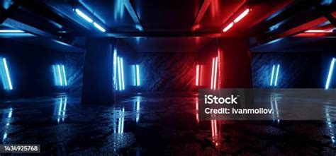지하 클럽 주차장 지하 격납고 핵 대피소 네온 빛나는 빨간색 파란색 깜박이는 조명 젖은 콘크리트 그런 지 금속 산업 3d 렌더링