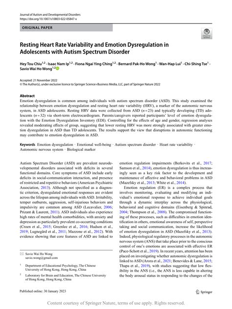 Resting Heart Rate Variability And Emotion Dysregulation In Adolescents With Autism Spectrum