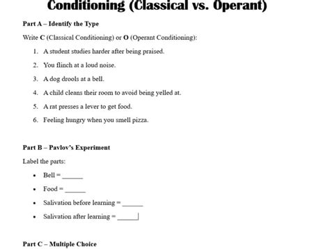 Psychology Of Conditioning Classical Vs Operant Worksheet Tpt