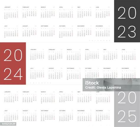 2023년 2024년 2025년 연간 달력 템플릿 세트입니다 벽이나 책상의 벡터 레이아웃은 월요일에 시작하는 주와 간단한