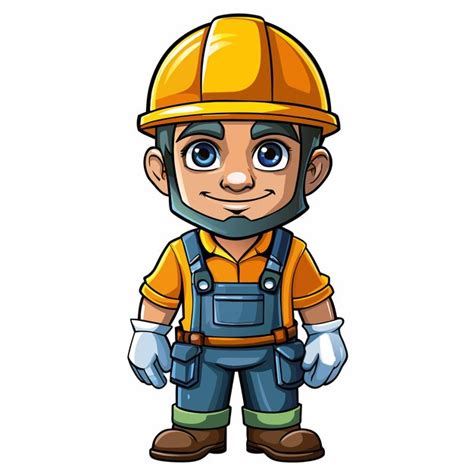 단단한 모자와 장갑을 입은 건설 노동자의 만화 이미지 프리미엄 Ai 생성 벡터