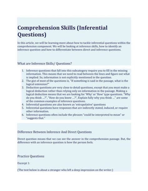 Inferential Skills For Comprehension Docx