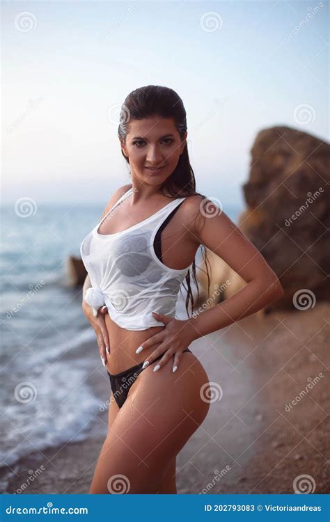Sensual Wet Bikini Model In Sea Waves Carefree Woman Enjoying