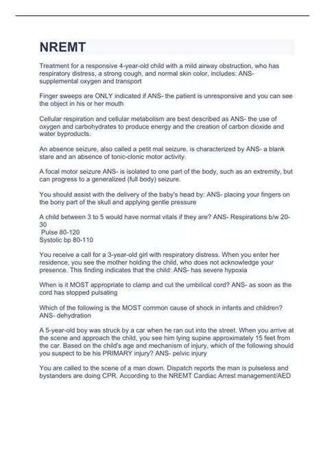 Nremt Exam Questions And Answers All Correct Graded A Nremt Nationally Registered Emergency