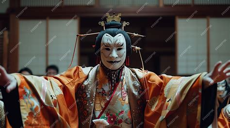 A Traditional Japanese Noh Theater Performance With Actors In Masks