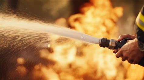 Firefighter Extinguishing Fire With Water Jet From Fire Hose Stock