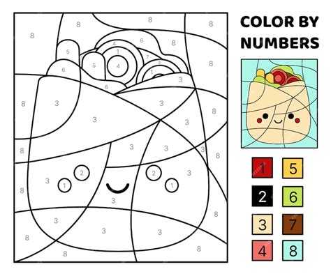Doner Kebab 숫자별 색상 Squishmallow 색칠하기 페이지 어린이를 위한 게임 Kawaii 만화 벡터 프리미엄 벡터