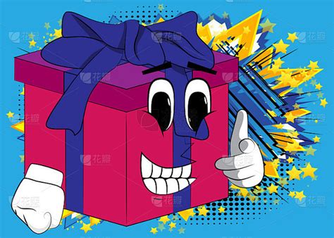 礼品盒用手指着观众，作为一个卡通人物。