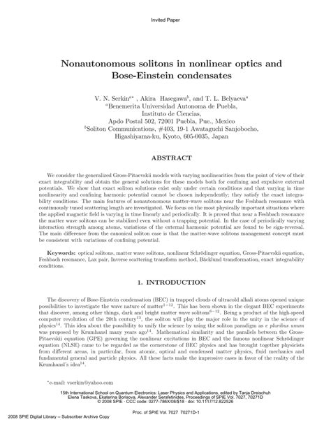 Pdf Nonautonomous Solitons In Nonlinear Optics And Bose Einstein Condensates