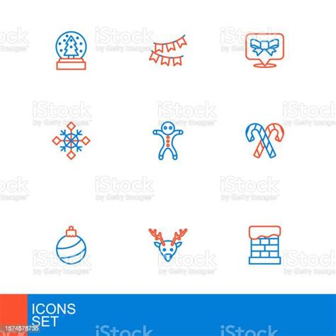 세트 라인 크리스마스 굴뚝 순록 공 줄무늬가 있는 사탕 지팡이 눈송이 휴일 진저브레드 맨 쿠키 선물 활 및 카니발 화환 깃발 아이콘 벡터 0명에 대한 스톡 벡터 아트 및