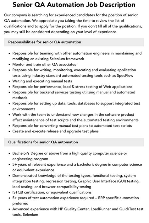 senior qa automation job description velvet jobs