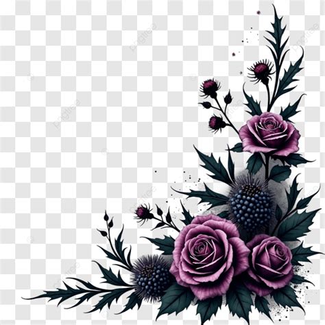 짙은 무디 장미 엉겅퀴와 블랙베리가 포함된 대담한 그런지 스타일의 꽃무늬 코너 디자인 꽃은 짙은 보라색으로 자세히 묘사되어 있습니다 검은색 녹색 배열 오른쪽 아래 거친