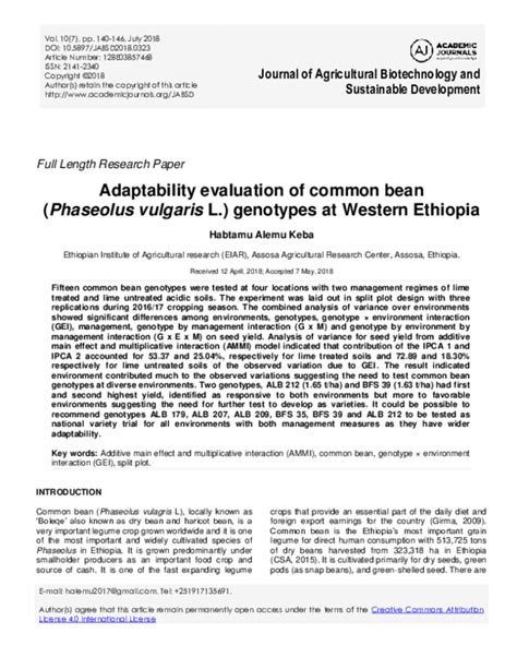 Pdf Adaptability Evaluation Of Common Bean Phaseolus Vulgaris L