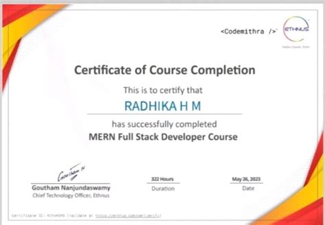 Radhika H M On Linkedin Certified Mern Full Stack Developer Course In
