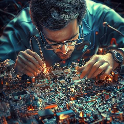 An Engineer Assembling A Computer Or Electronic Device Premium Ai