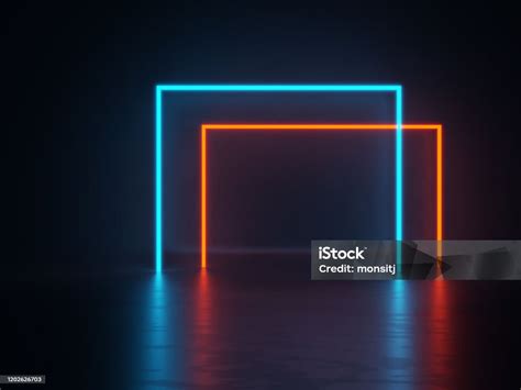 텍스트 3d 일러스트를위한 빈 공간이있는 어두운 방에서 미래 지향적 인 공상 과학 네온 빛 모양 Led 조명에 대한 스톡 사진 및 기타 이미지 Istock