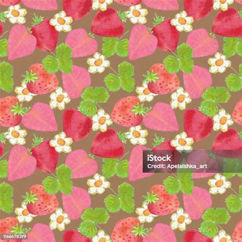 육즙이 밝은 분홍색과 빨간 딸기 꽃과 잔잔한 갈색 배경에 잎이있는 원활한 패턴 건강한 식생활에 대한 스톡 벡터 아트 및 기타 이미지 건강한 식생활 계절 과일 Istock