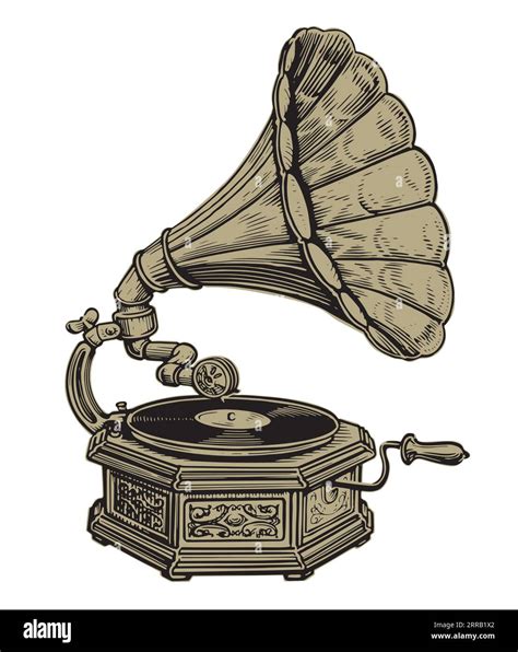 Retro Wooden Musical Gramophone With Brass Horn Speaker Vintage