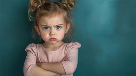 A Young Girl With An Annoyed Expression Crosses Her Arms Against A Teal
