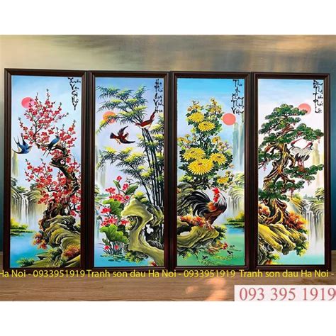 Tranh Sơn Dầu Tứ Quý Tùng Cúc Trúc Mai Tranh Sơn Dầu