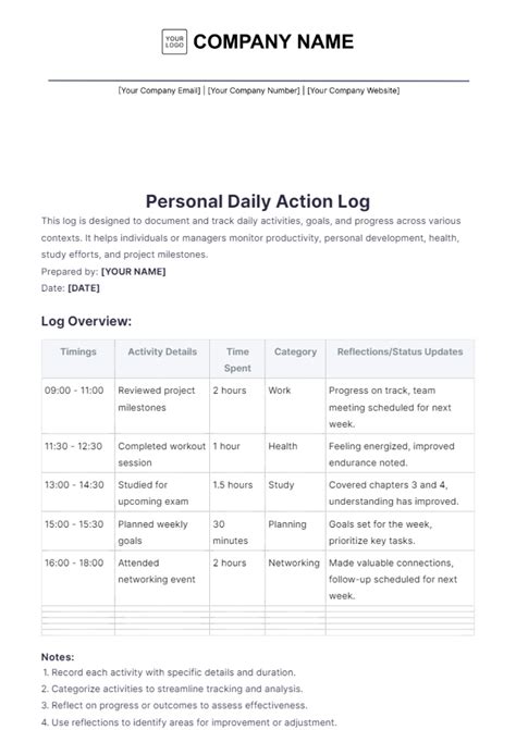 Free Personal Daily Action Log Template To Edit Online