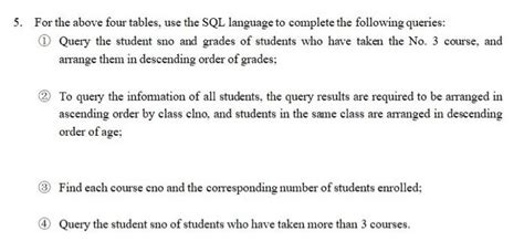 Solved 5 For The Above Four Tables Use The Sql Language To