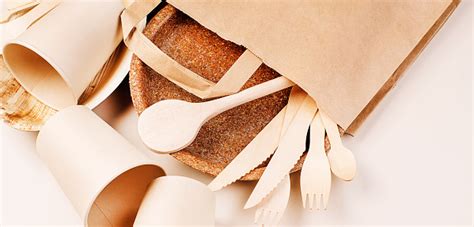 재활용 환경 친화적 인 개념 일회용 에코 칼 붙이 접시 숟가락 나이프 가벼운 배경에 포크 음식 배달을위한 종이 봉지를