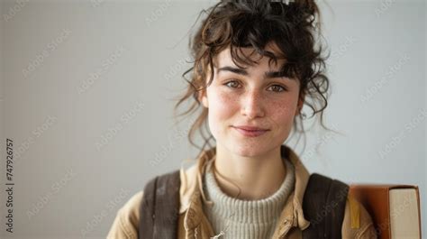 Young Woman With Curly Hair Freckles And A Gentle Smile Wearing A Beige Sweater And A Brown