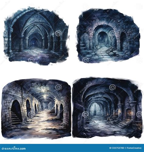 Four Watercolor Paintings Depicting Dark And Mysterious Stone Tunnels And Vaults Stock