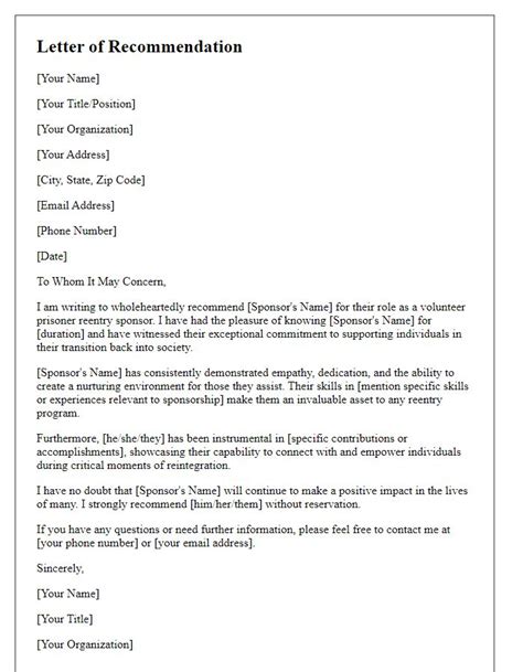 Letter Template For Prisoner Reentry Sponsorship Free Samples In Pdf