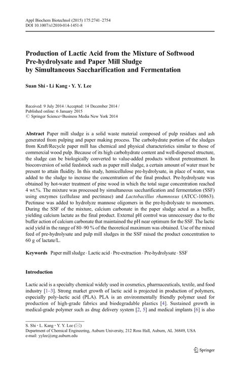 Pdf Production Of Lactic Acid From The Mixture Of Softwood Pre