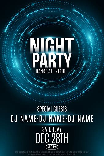 나이트 파티 전단지 빛나는 진동 도트의 미래 지향적인 디지털 프레임 조명 효과로 음악이 진동합니다 Dj 및 클럽 이름 음악 이벤트 벡터 일러스트 레이 션 포스터에 대한 스톡