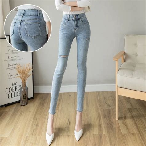 청바지 슬림핏 하이 웨이스트 슬림 핏 펜슬 팬츠 여성용 슬리밍 찢어진 스트레치 카프리 펜슬 팬츠 봄 가을 2022 신상품 Aliexpress