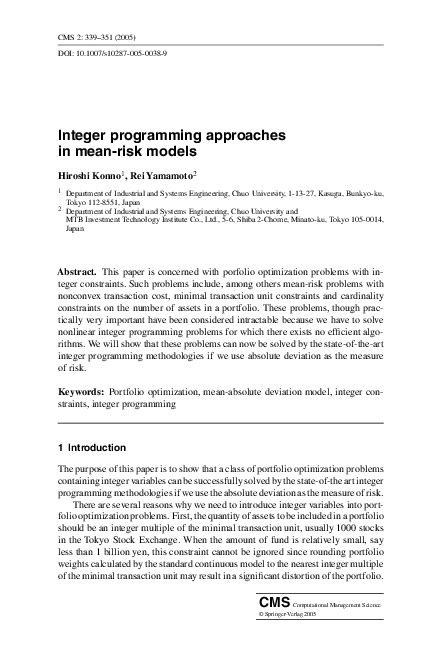Pdf Integer Programming Approaches In Mean Risk Models