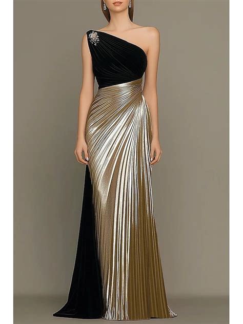 Black Gold Column Evening Gown Elegant Dress Formal Wedding Guest Floor